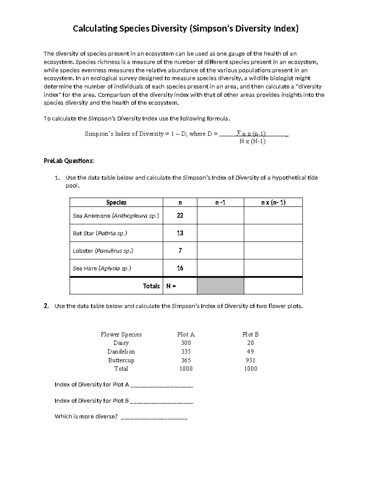 Biodiversity Garden Plot - Calculating Species Diversity (Simpson’s ...