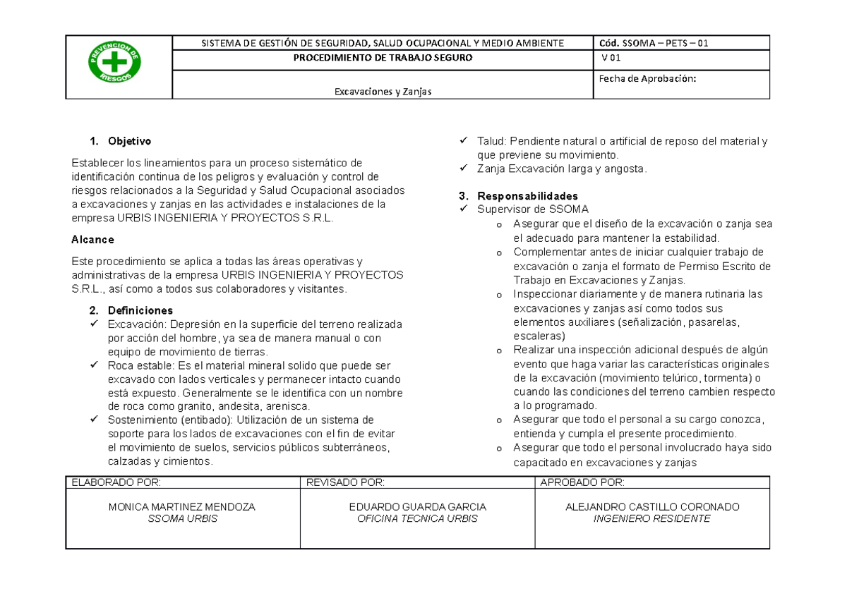 Ssoma – PETS – 01 Excavaciones Y Zanjas - PROCEDIMIENTO DE TRABAJO ...