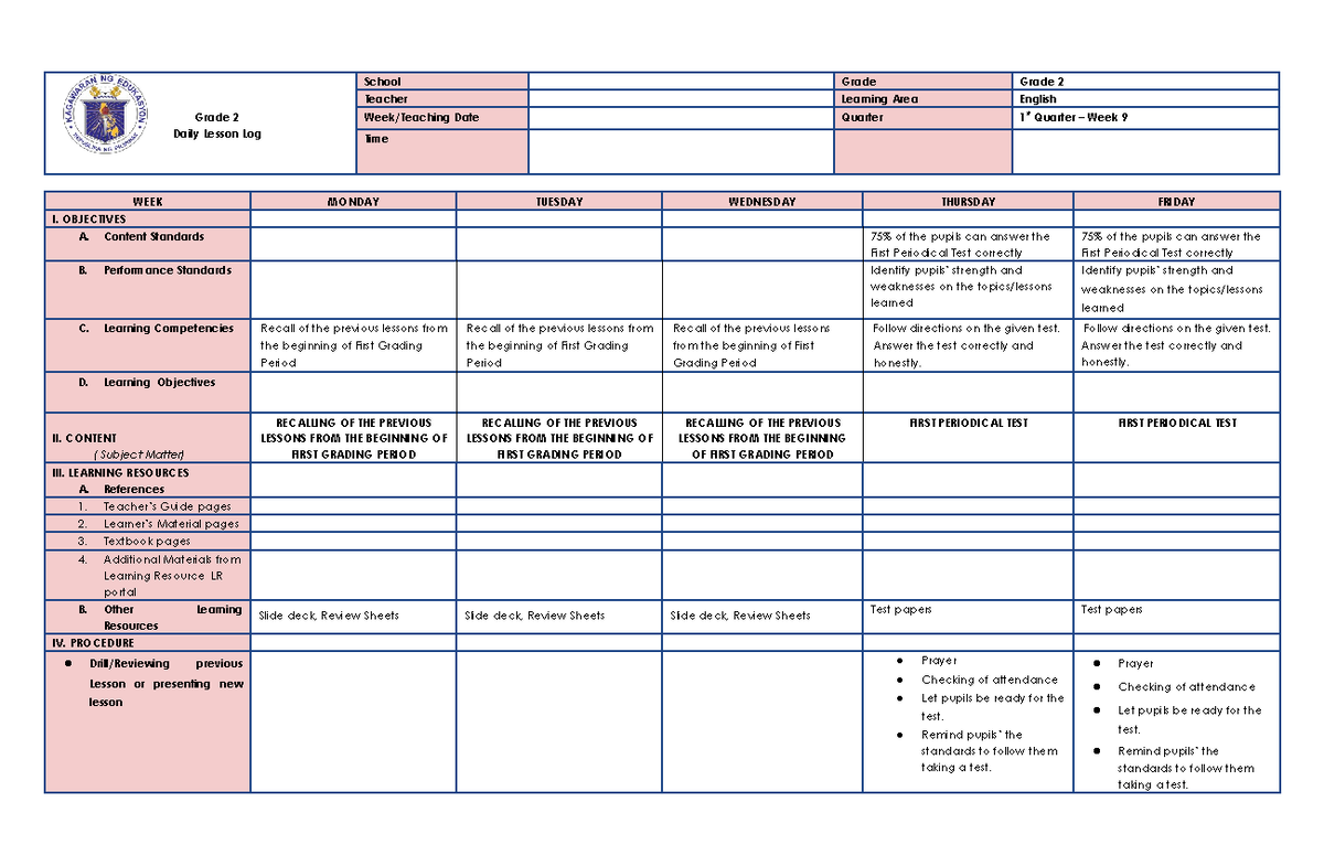 DLL Q1 ENG W9 - Notes - Grade 2 Daily Lesson Log School Grade Grade 2 ...