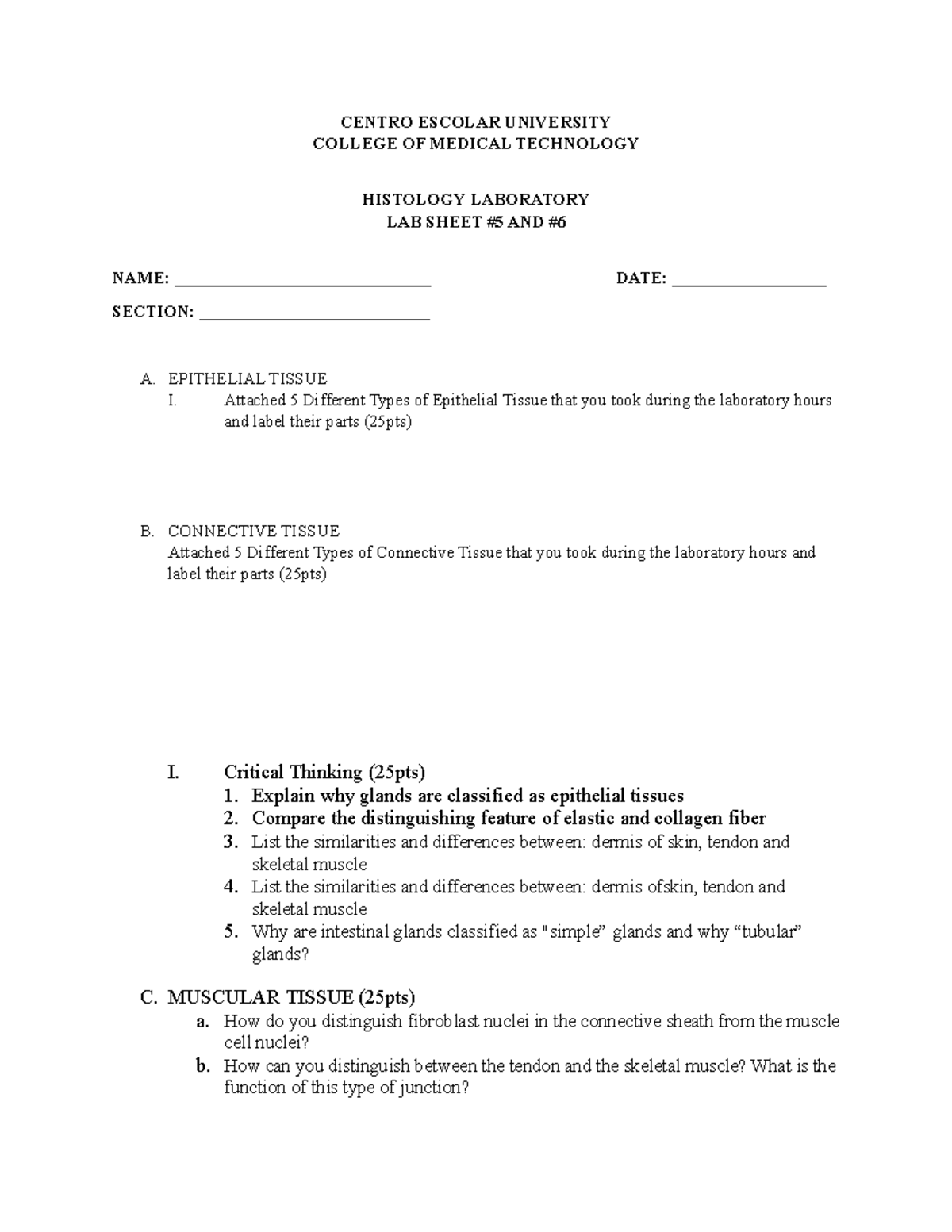 Histo LAB Sheet 5,6 - CENTRO ESCOLAR UNIVERSITY COLLEGE OF MEDICAL ...