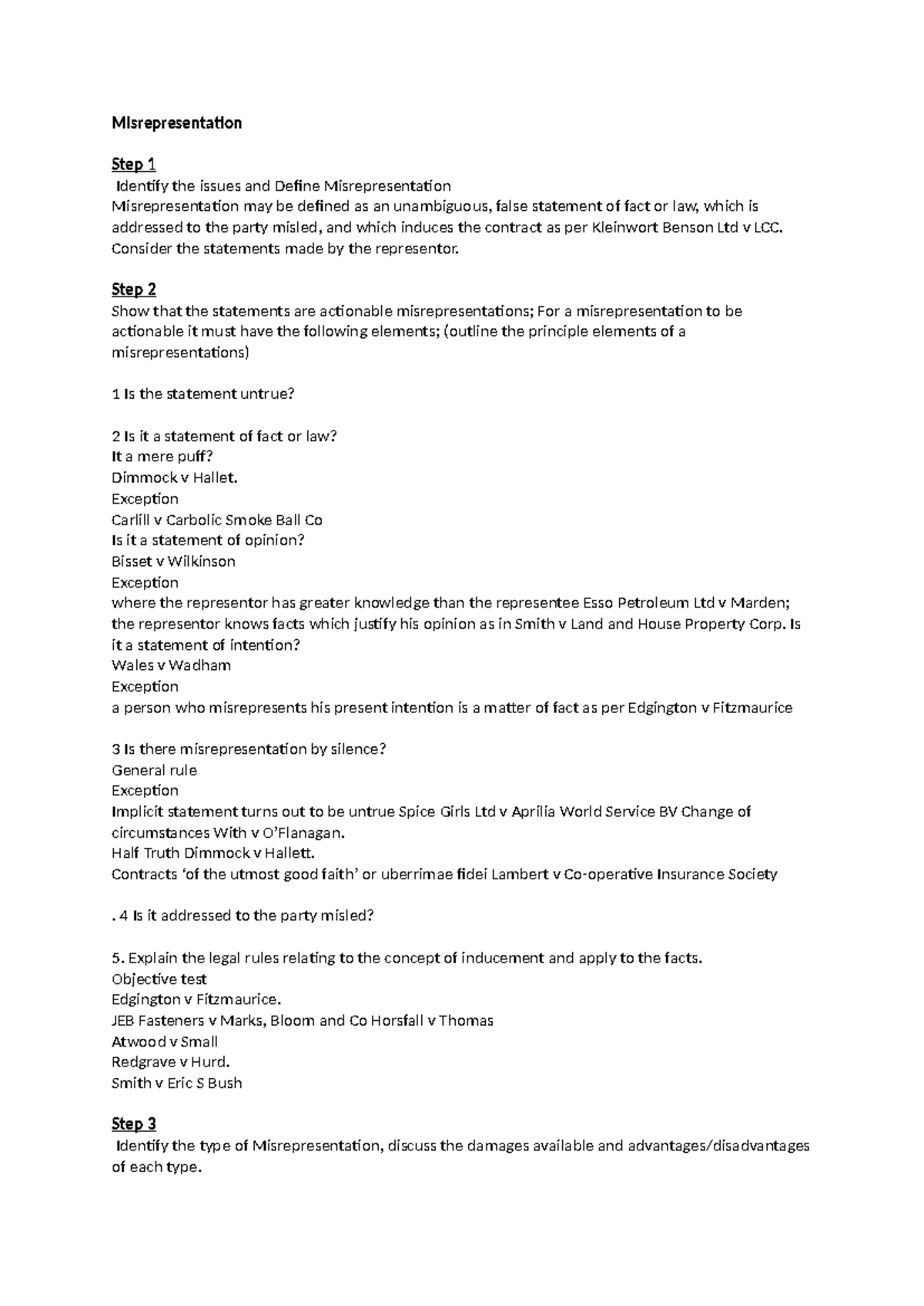 Outline ( misrepresentation) - Misrepresentation Step 1 Identify the ...