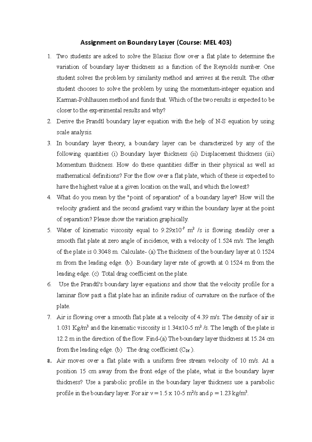 Boundary layer Assignment - Assignment on Boundary Layer (Course: MEL ...