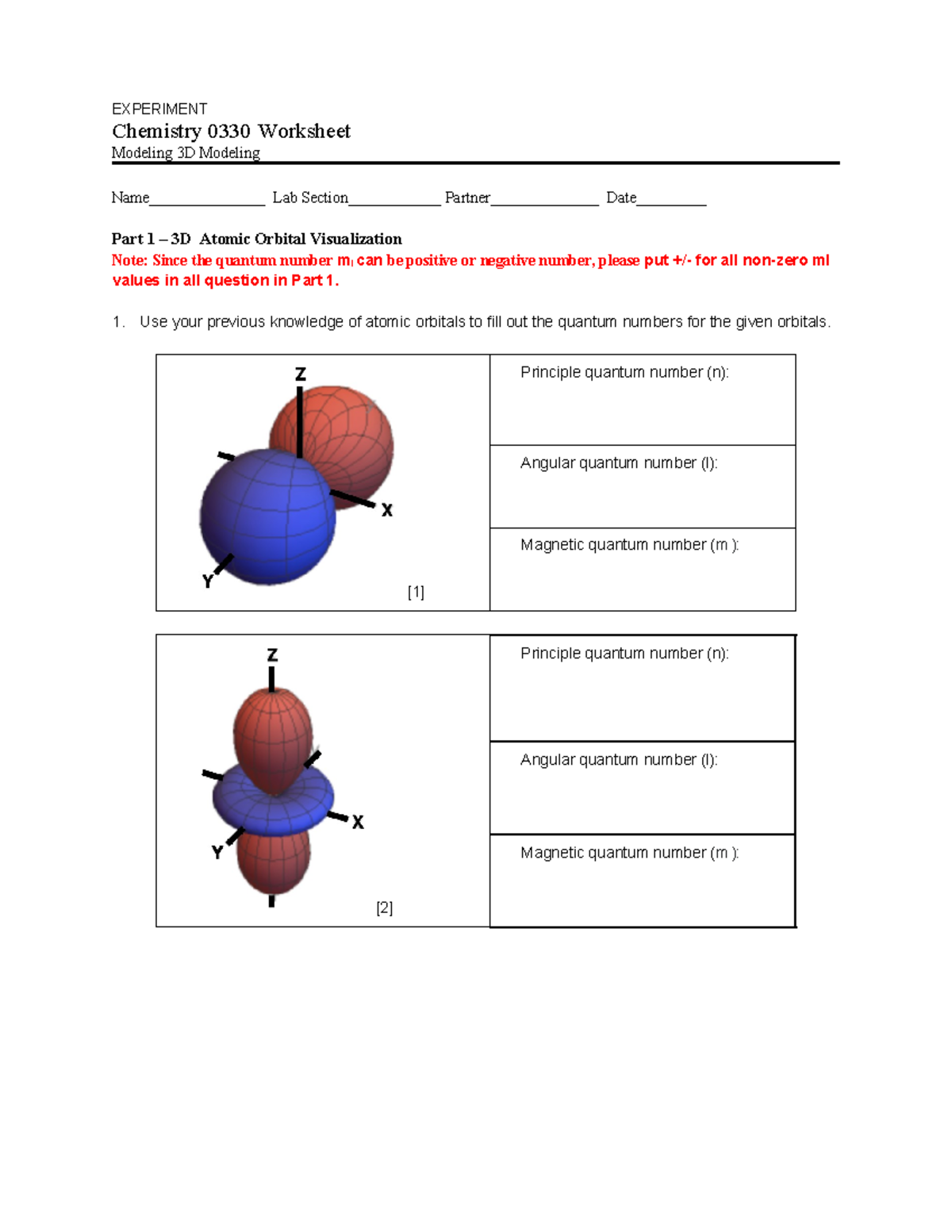 Experiment 2 Worksheet 3D Modeling - EXPERIMENT Chemistry 0330 ...