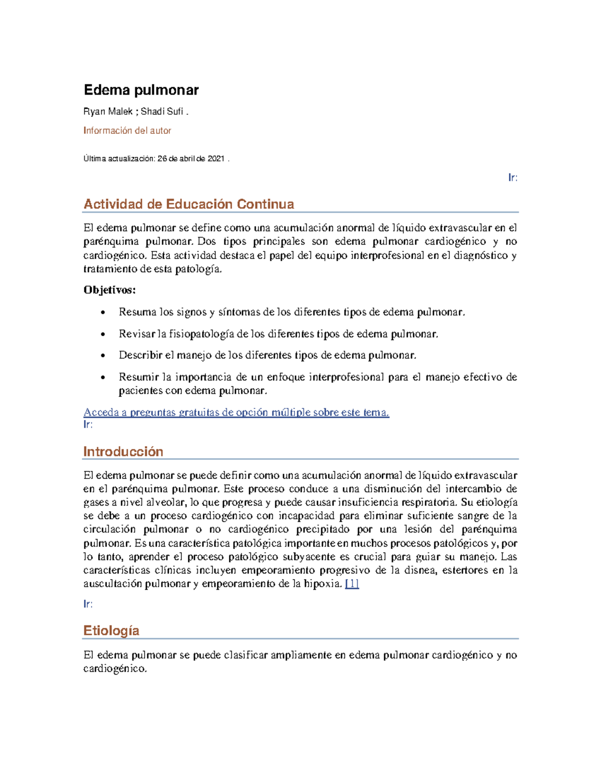 Generalidades del Edema Pulmonar - Edema pulmonar Ryan Malek ; Shadi ...