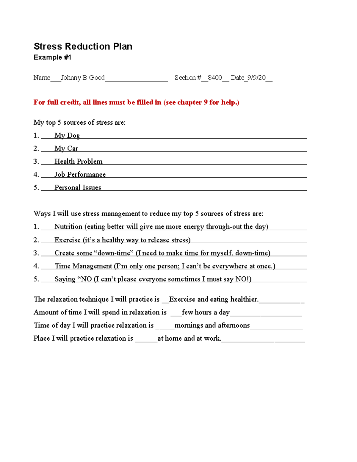 Stress reduction Nutrition plan example - Stress Reduction Plan Example ...