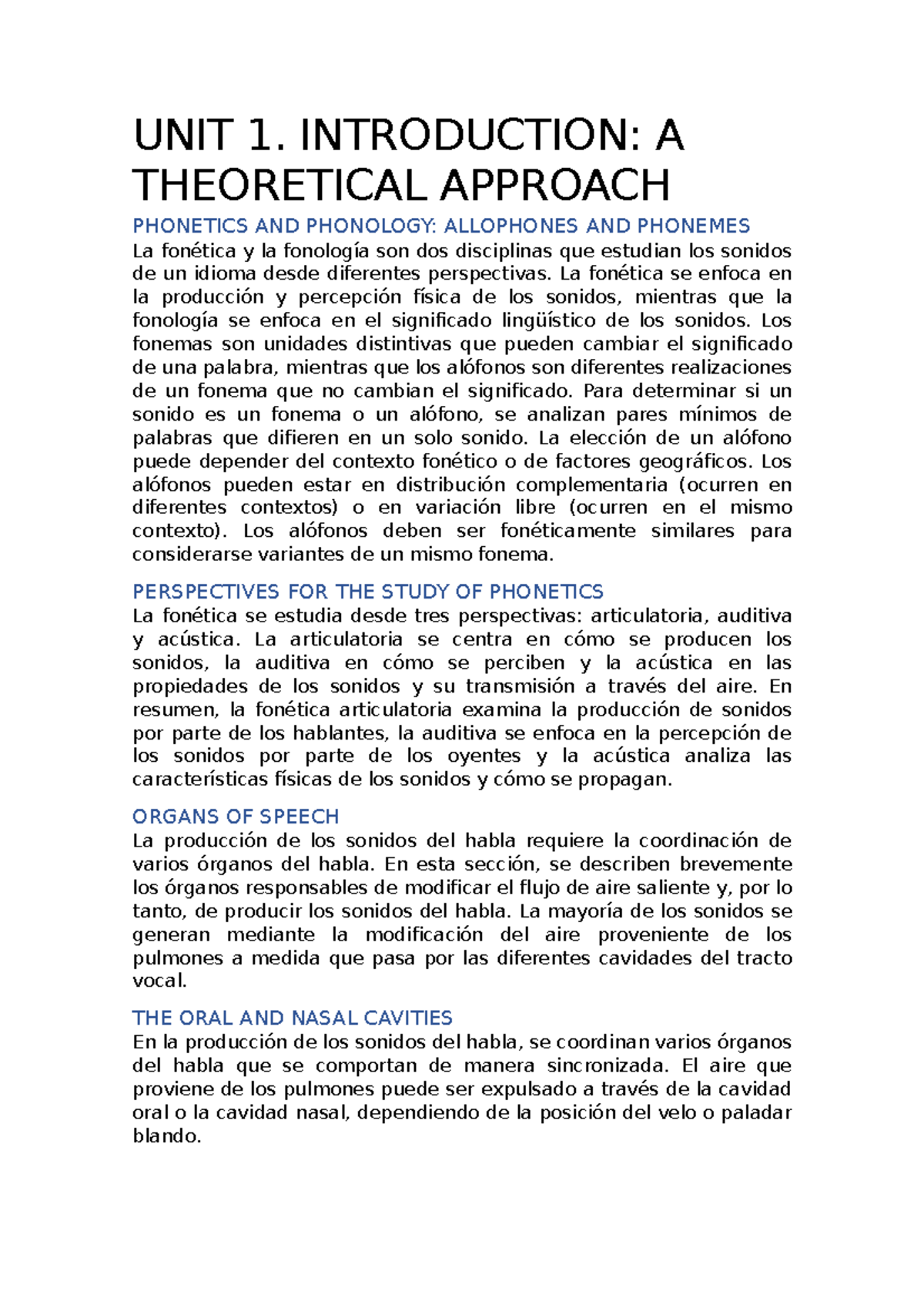 UNIT 1 - resumen - UNIT 1. INTRODUCTION: A THEORETICAL APPROACH PHONETICS AND PHONOLOGY ...