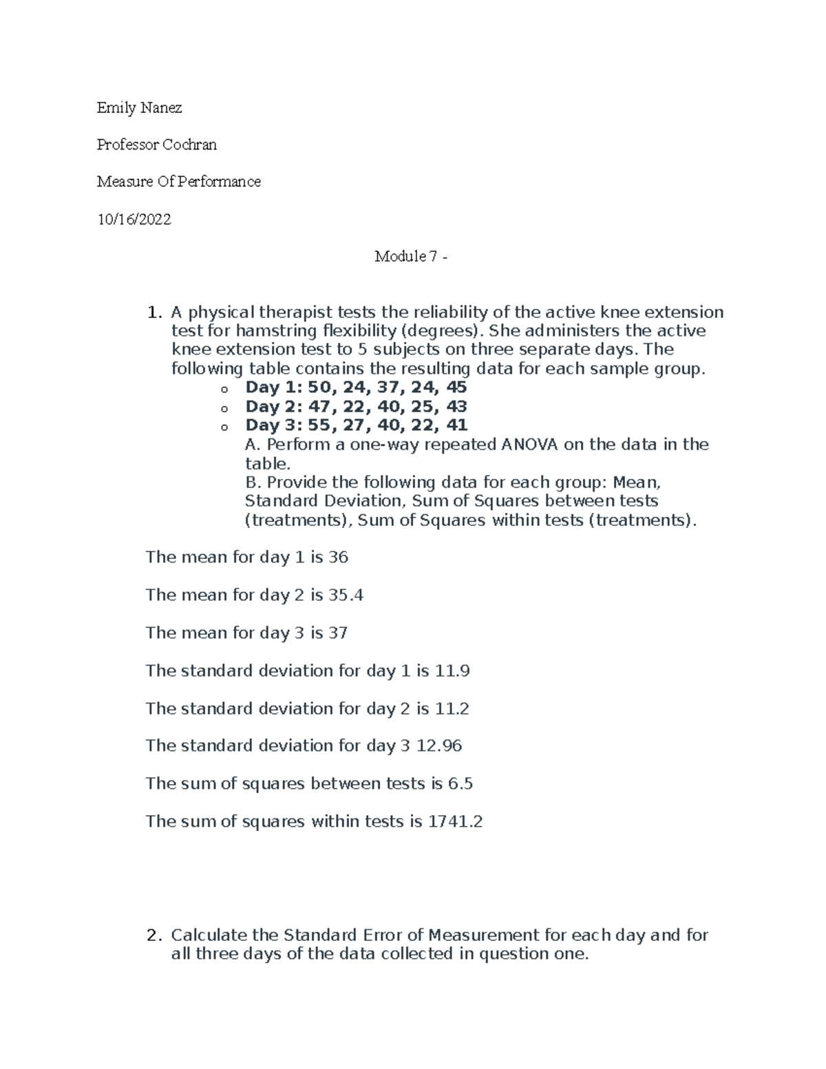 Mod 7 - homework lab - Emily Nanez Professor Cochran Measure Of ...