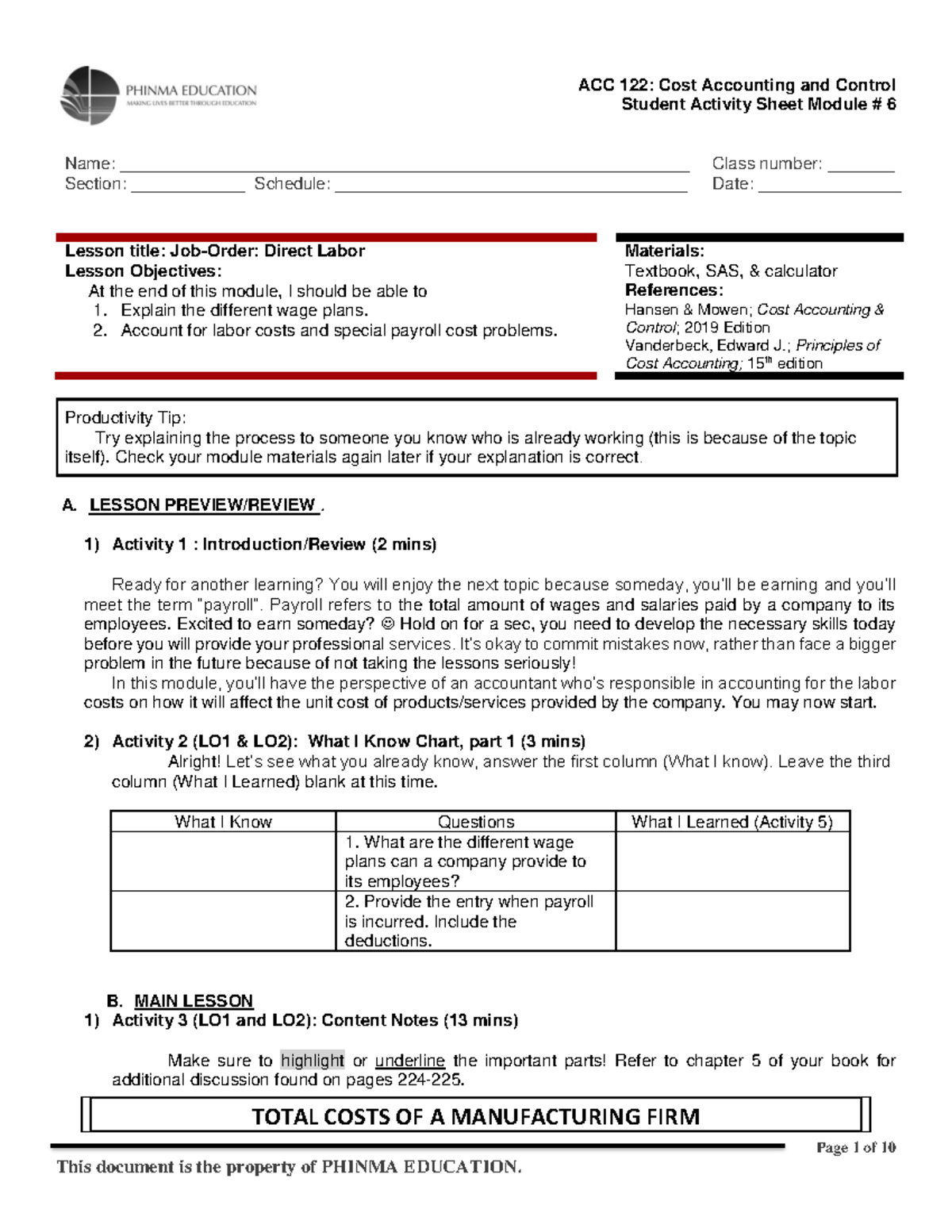 ACC 122 SAS DAY 6 - Lecture notes 6 - Student Activity Sheet Module # 6 ...