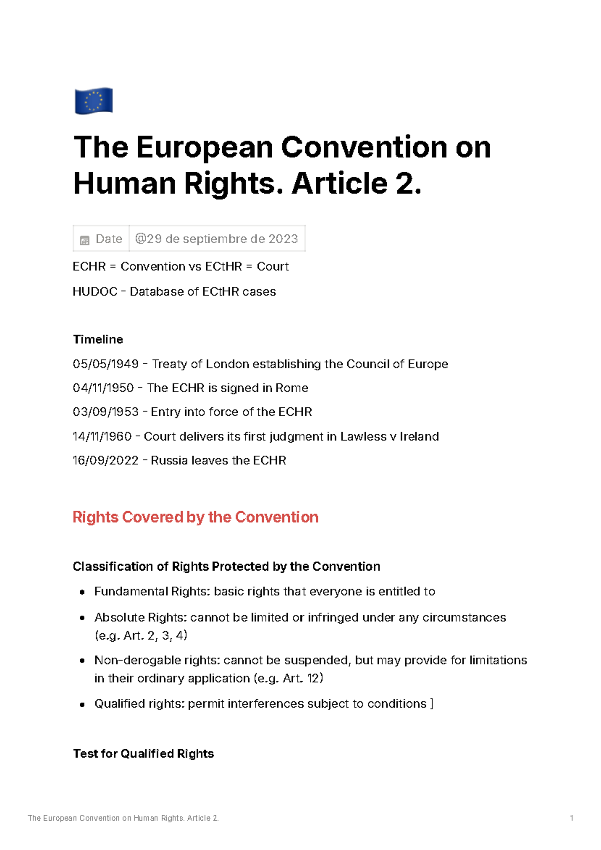 European Convention of Human Rights - Article 2. Date ECHR Convention ...