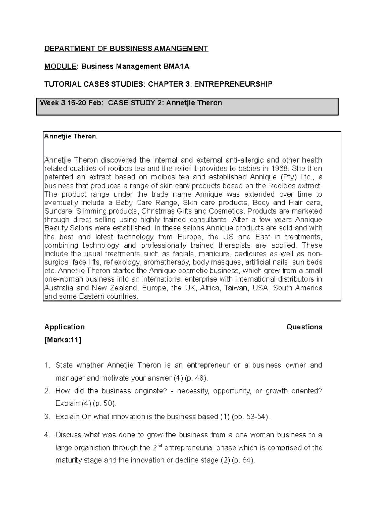 Week 3 4 TUT CASE Studies Edited - DEPARTMENT OF BUSSINESS AMANGEMENT ...