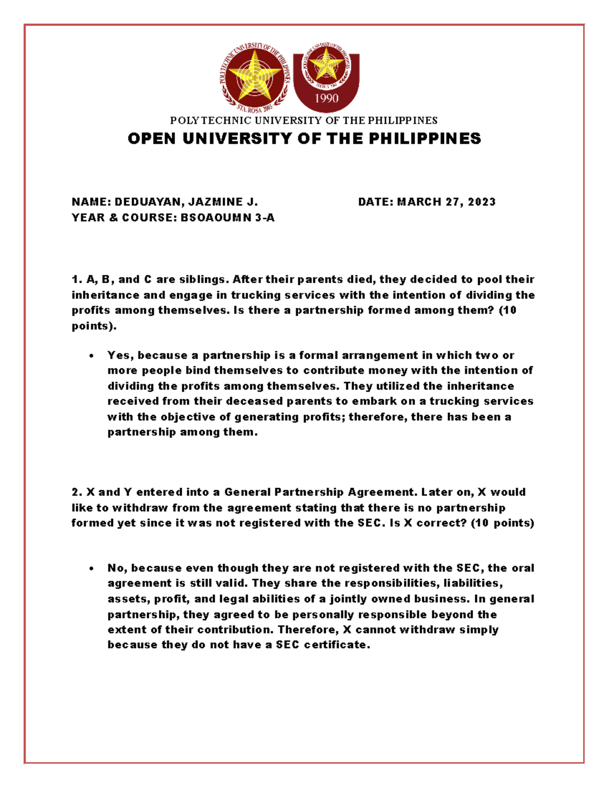 Deduayan,Jazmine businesslaw - POLYTECHNIC UNIVERSITY OF THE ...