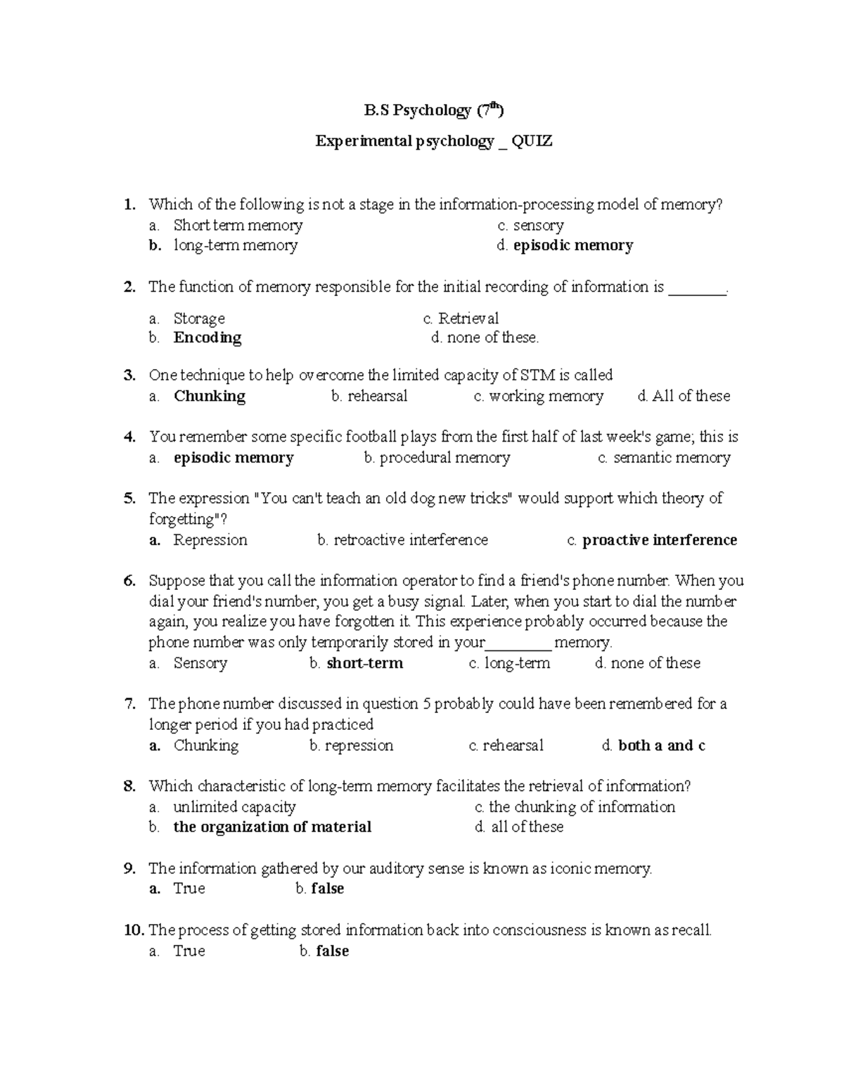 Quiz 5 March, questions and answers - B Psychology (7th) Experimental ...
