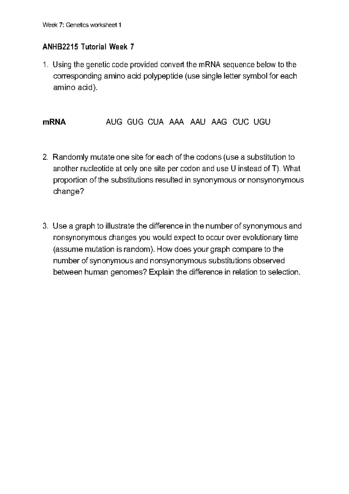 Week7 DNA variation drift - Week 7 : Genetics worksheet 1 ANHB2215 Tutorial Week 7 1. Using the ...