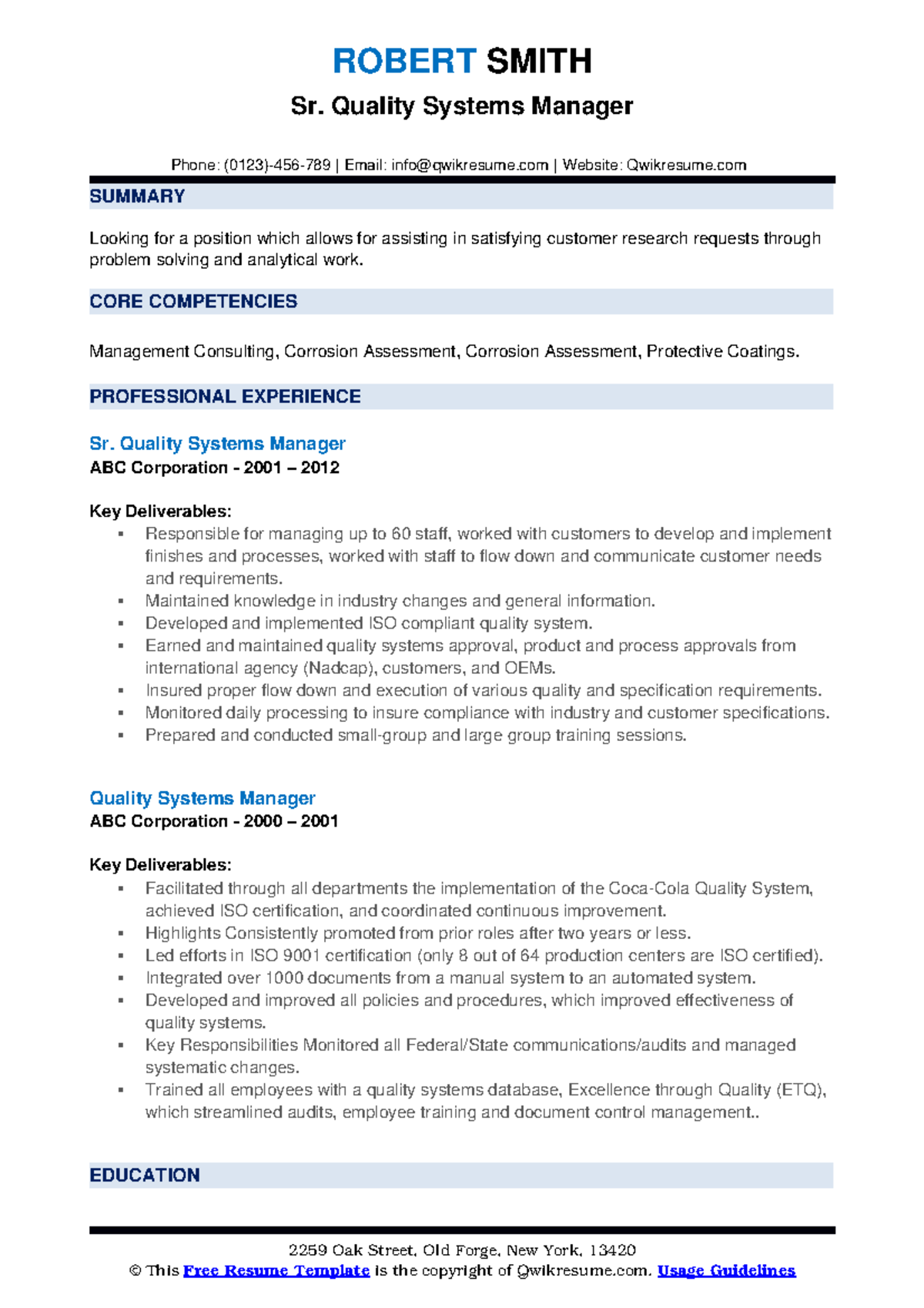 Quality systems manager 1577612407 - ROBERT SMITH Sr. Quality Systems ...