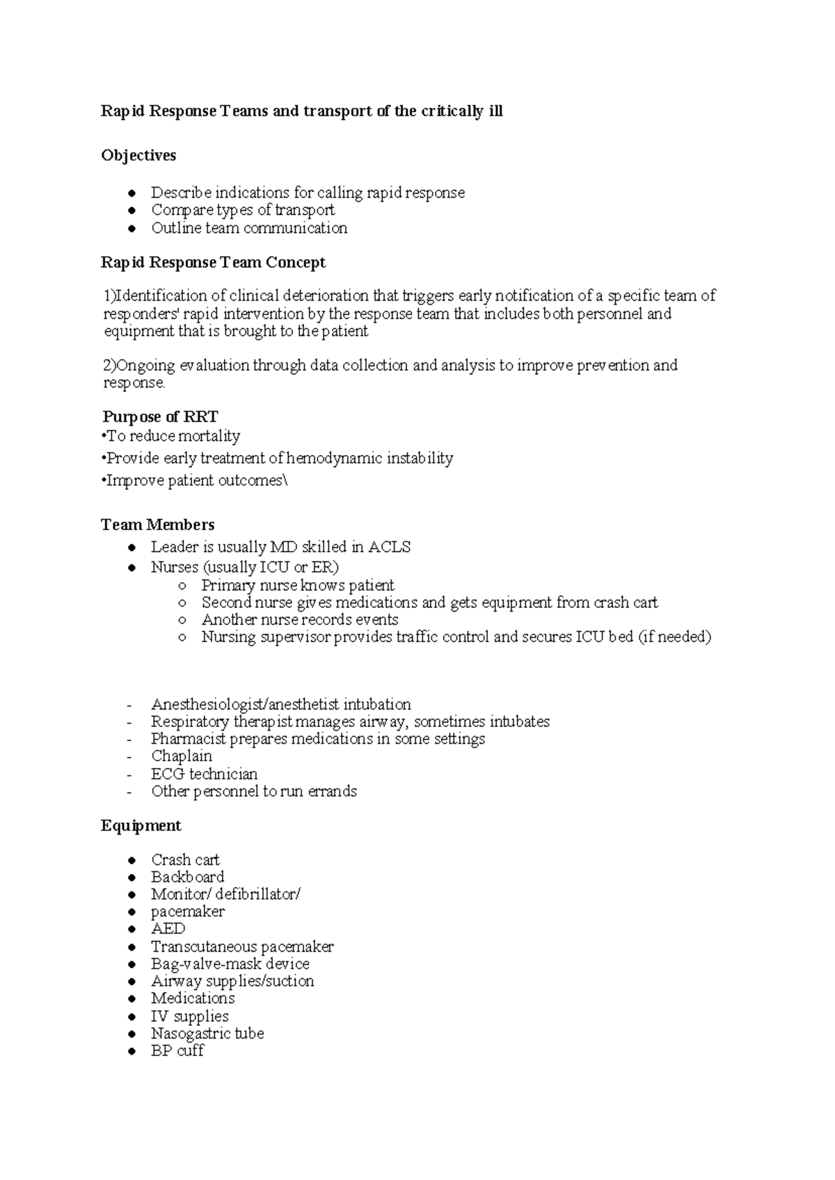 Critcal Care Exam #2 - Dr.Gold study guide - Rapid Response Teams and ...