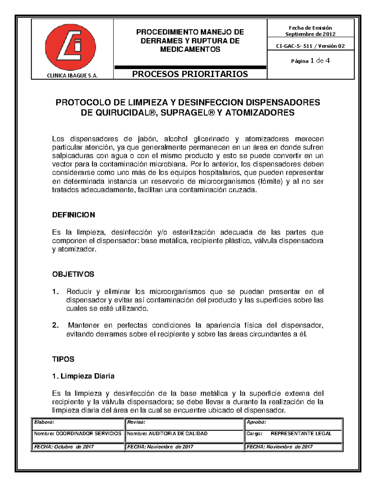 Protocolo DE Limpieza Y Desinfeccion Dispensadores - CLINICA IBAGUE S. PROCEDIMIENTO MANEJO DE ...