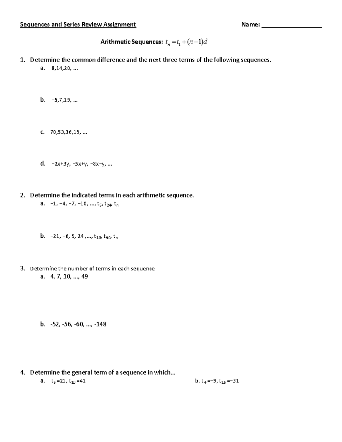 Math 20-1- Sequences and Series Review Assignment - Sequences and Series Review Assignment Name ...