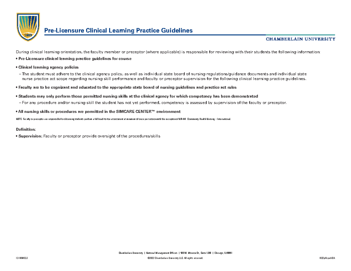 BSN CL Practice Guidelines - Chamberlain University | National Management Offices | 500 W ...