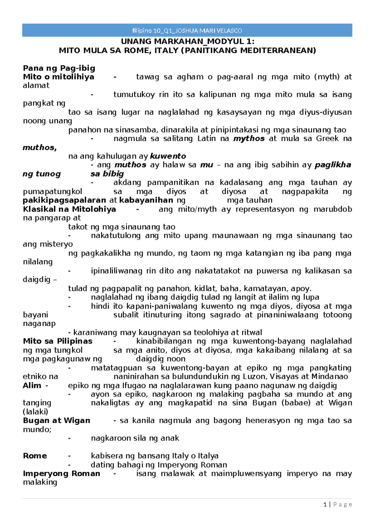 Filipino 10 Aralin MITO - UNANG MARKAHAN_MODYUL 1: MITO MULA SA ROME ...