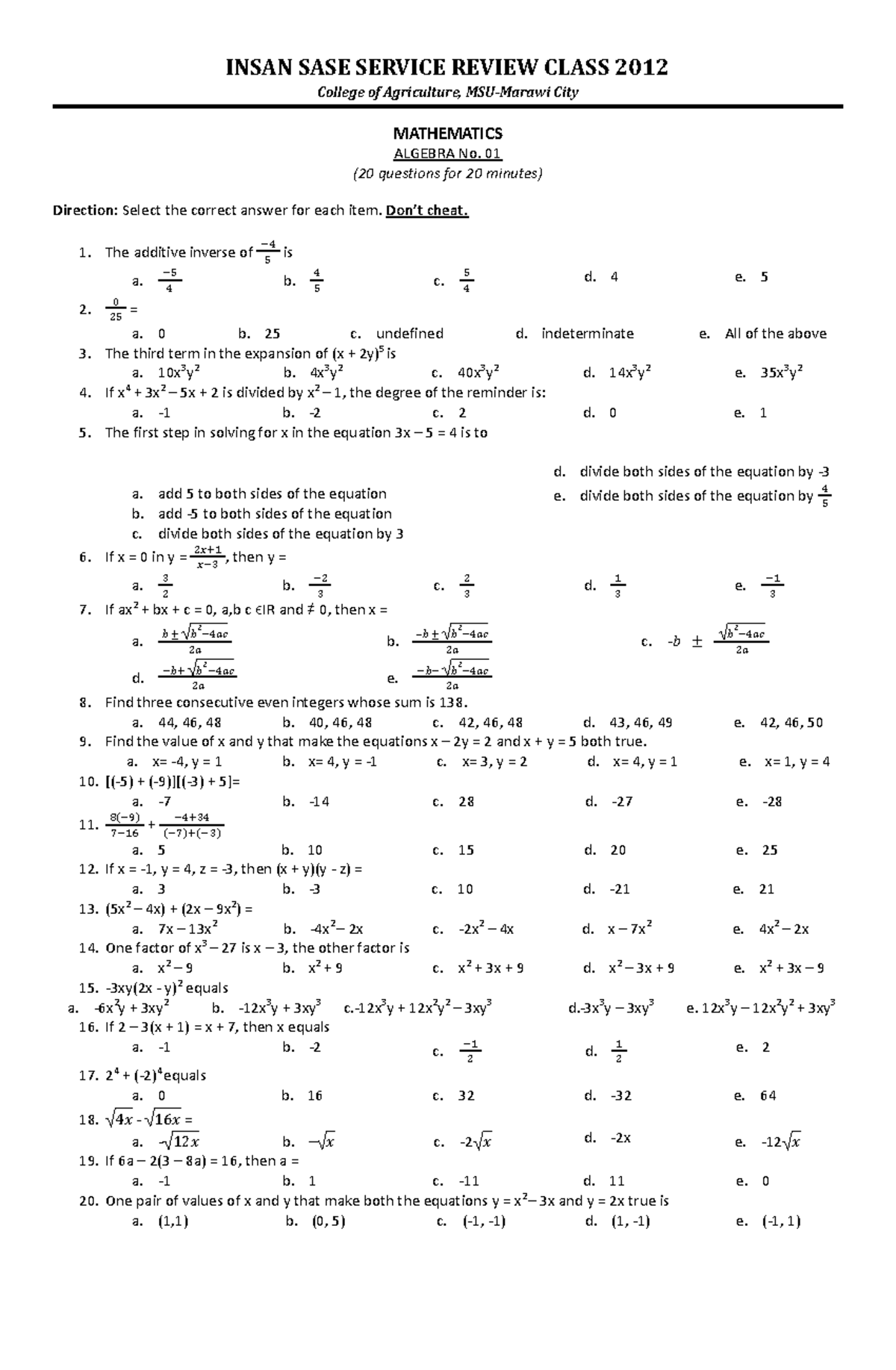 [MSU SASE] 4th-Math-Exam-Algebra-1 - INSAN SASE SERVICE REVIEW CLASS ...