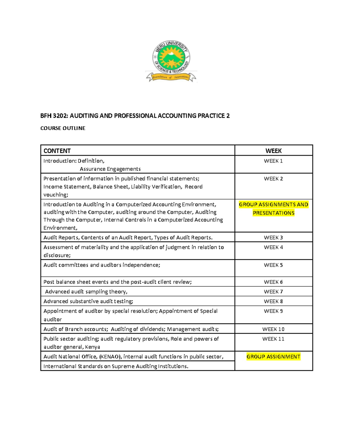 BFH 3202 Auditing AND Professional Practice Course Outline 1 - BFH 3202 ...