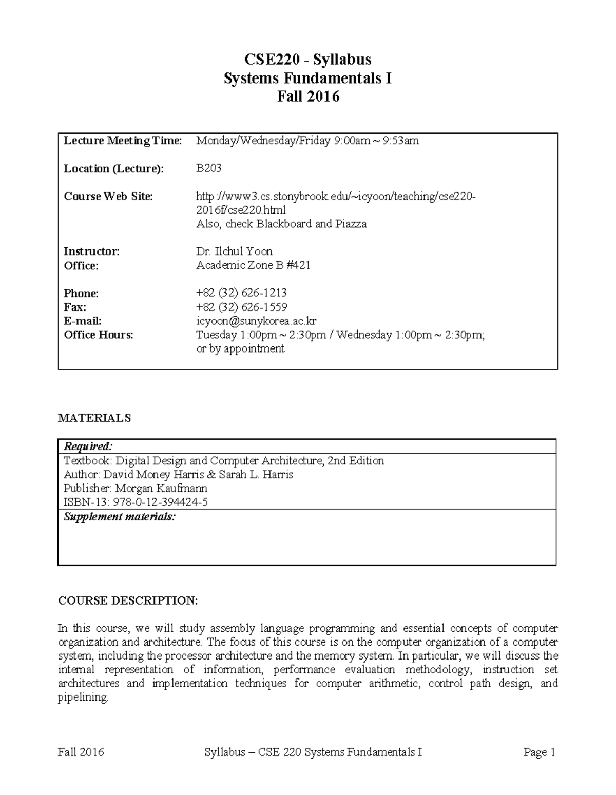 Cse220-syllabus-2016 f - CSE220 - Syllabus Systems Fundamentals I Fall 201 6 Lecture Meeting ...