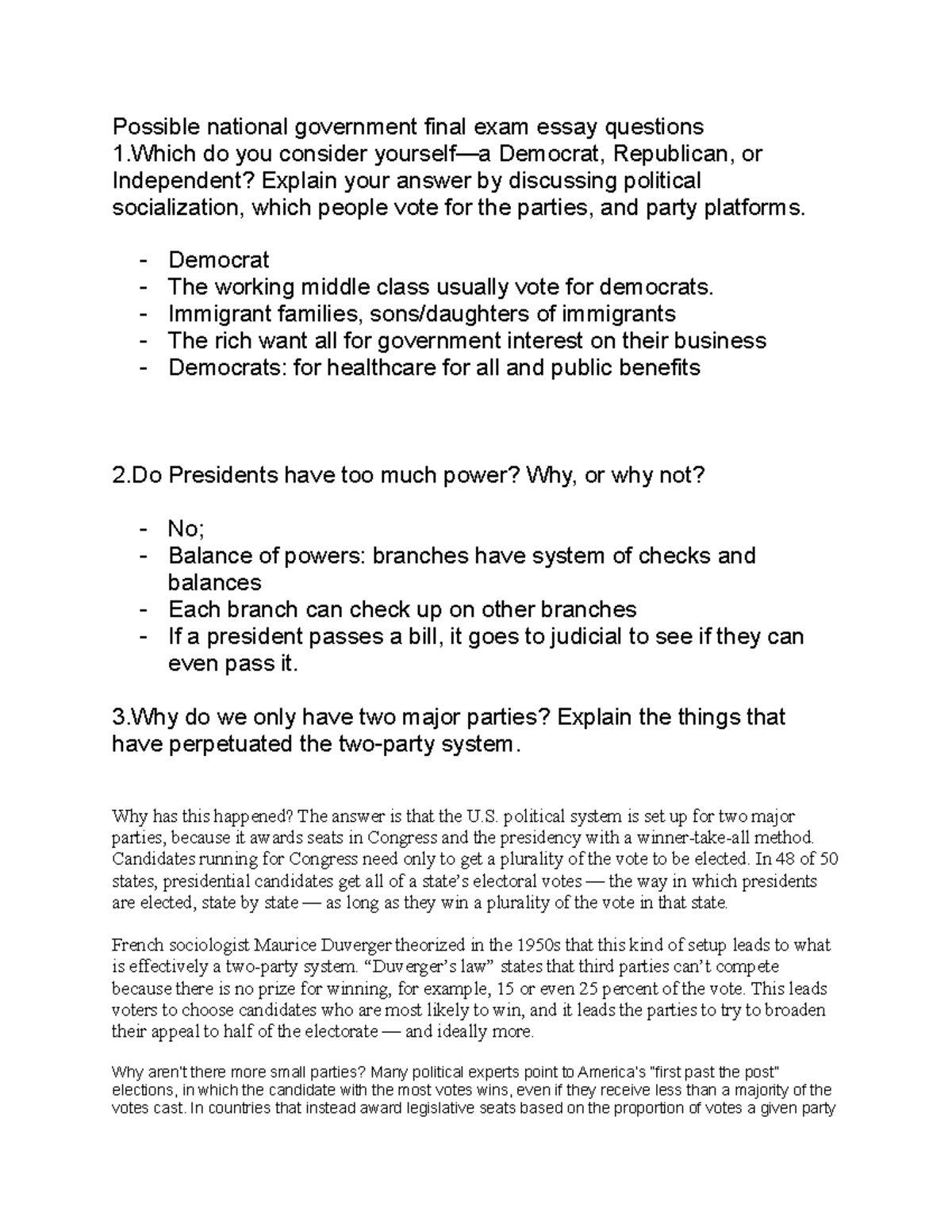 Final - Possible national government final exam essay questions 1 do ...