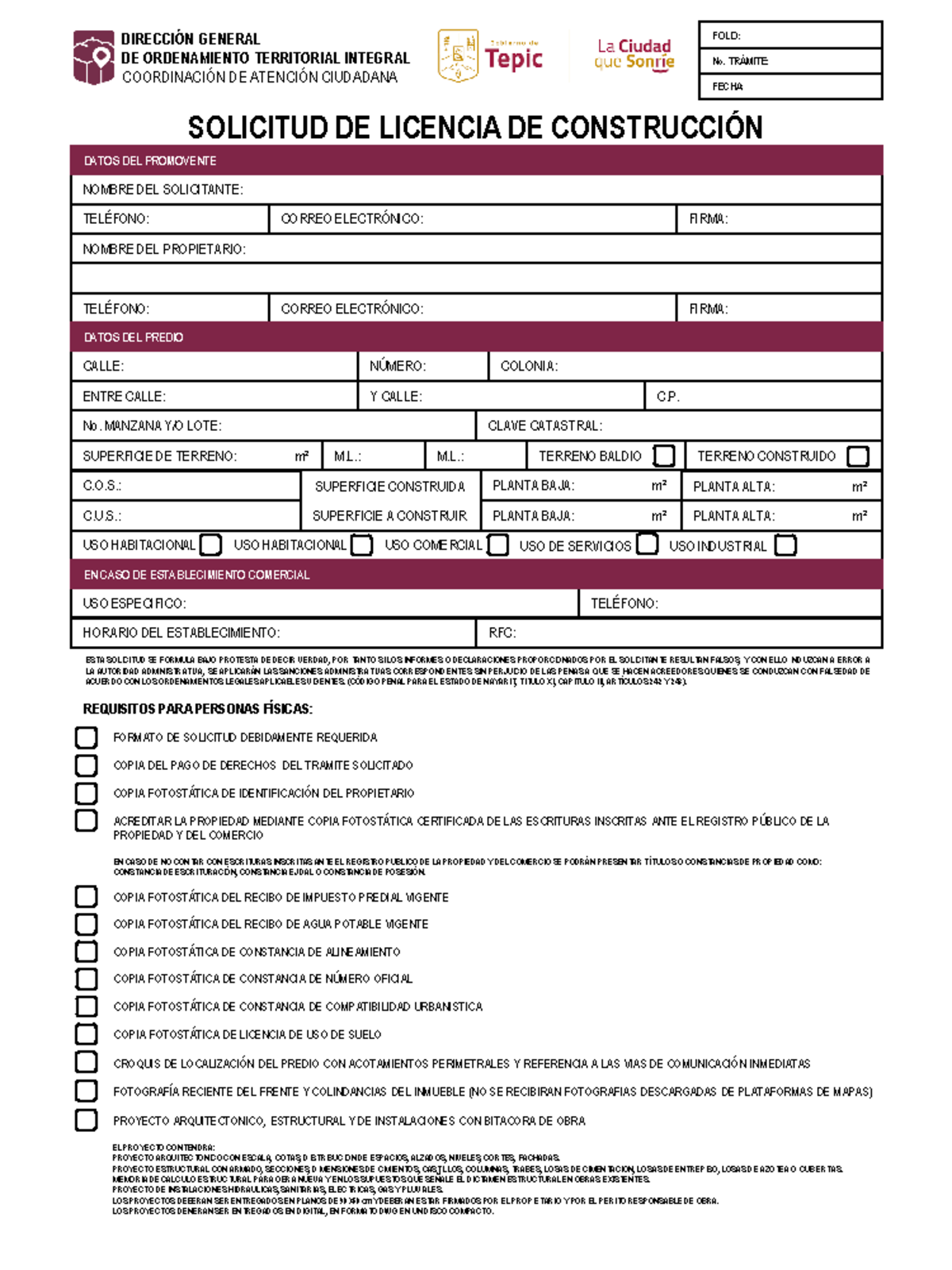 Formato Tramite Licencia DE Construccion Dgoti - CALLE: NÚMERO: COLONIA: ENTRE CALLE: Y CALLE: C ...