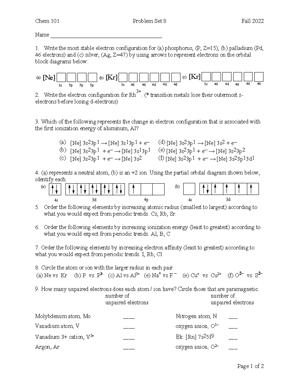 General Chemistry 1 Week 8 Practice Problems - Chem 101 Problem Set 8 ...