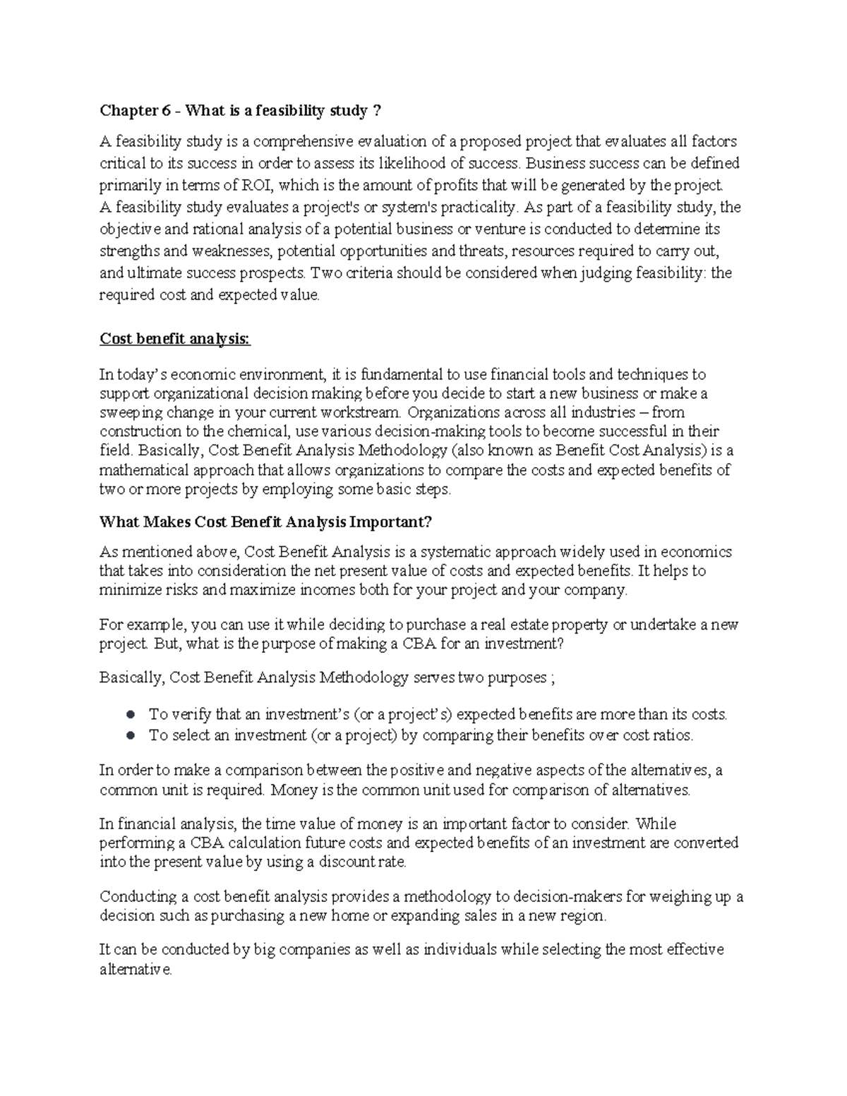 Solution of cost benefit analysis exercises - Chapter 6 - What is a feasibility study? A ...