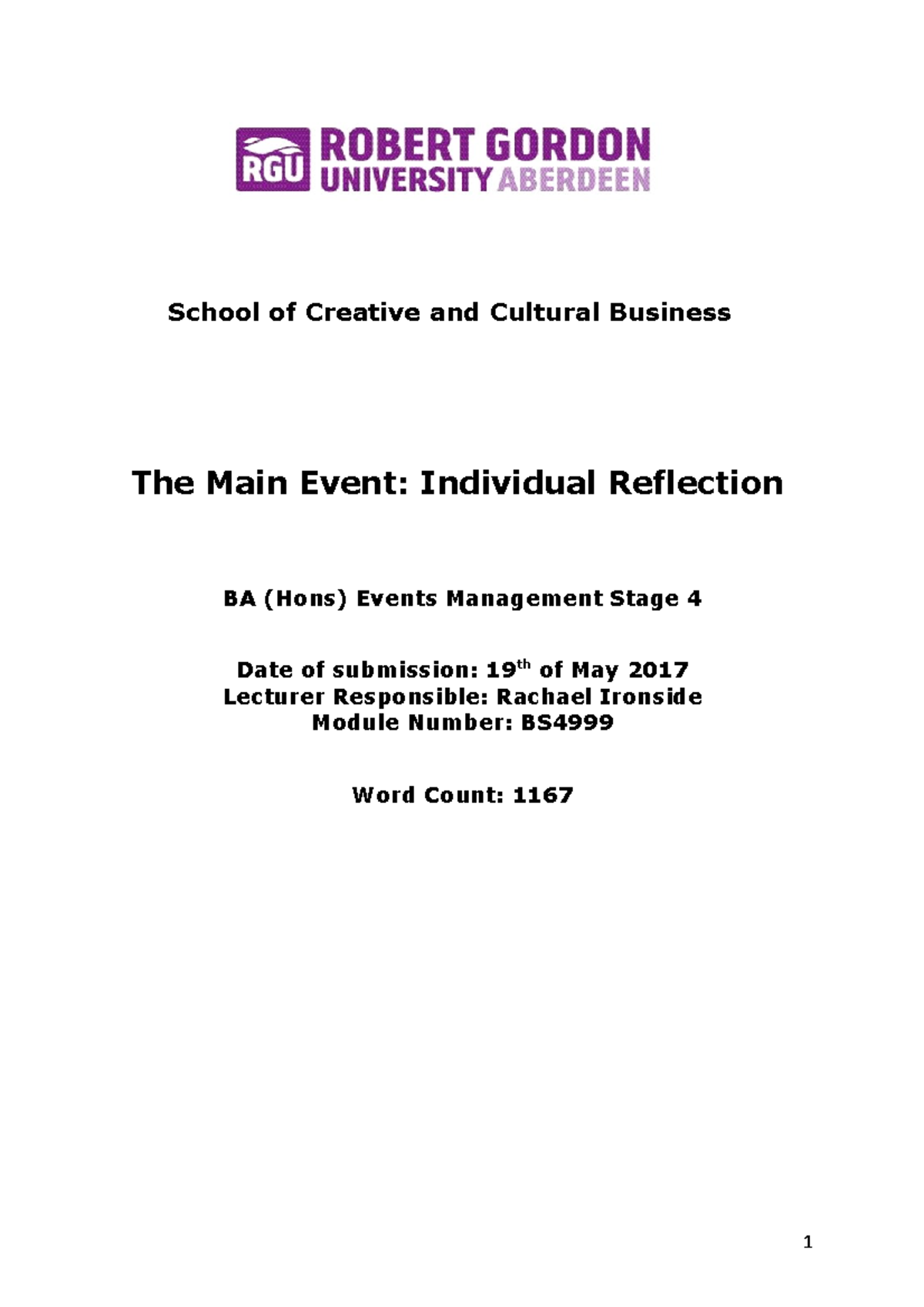 Individual Reflective Report Event - School of Creative and Cultural ...