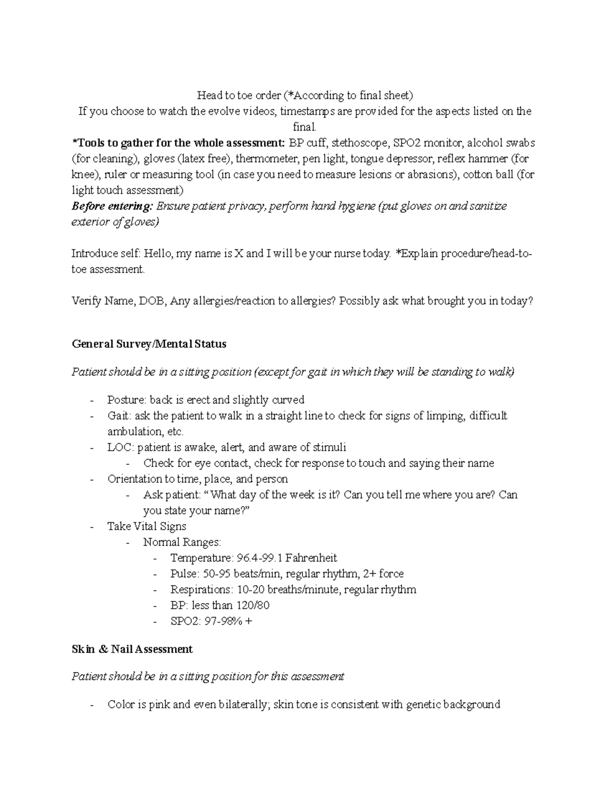 Head-to-Toe Assessment Script for Final Evaluation - Head to toe order ...