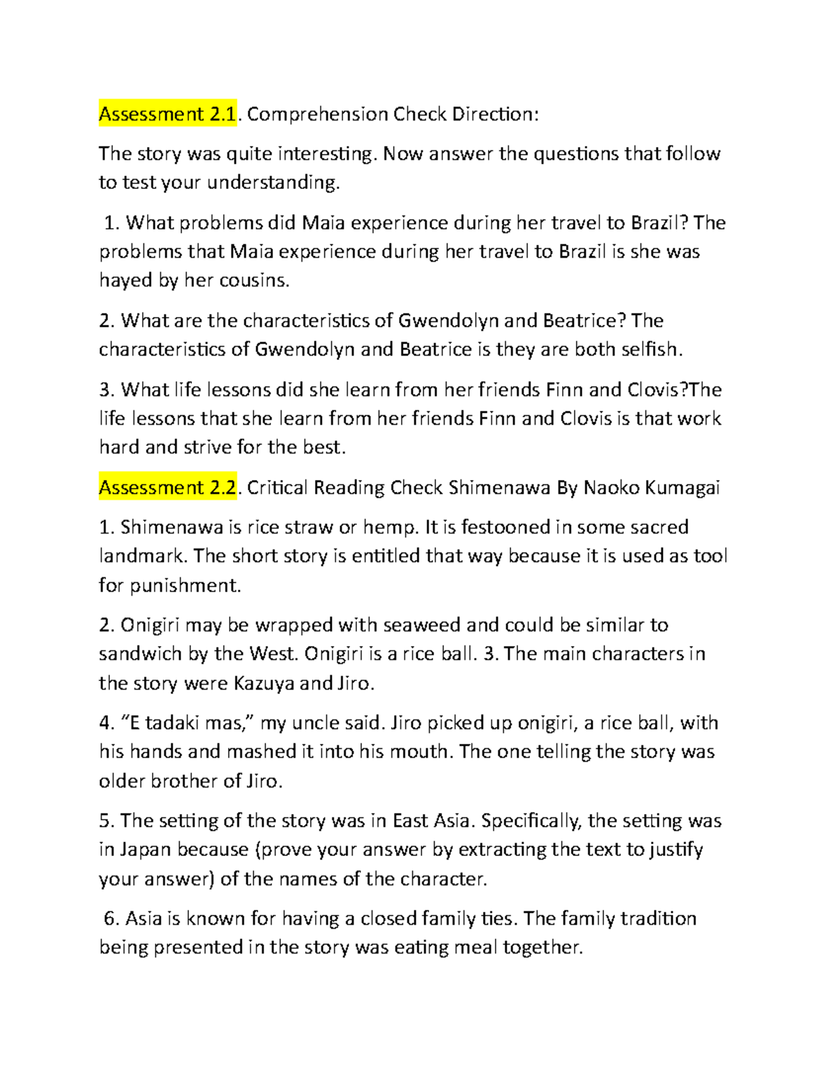 Assessment 1 - history - Assessment 2. Comprehension Check Direction ...