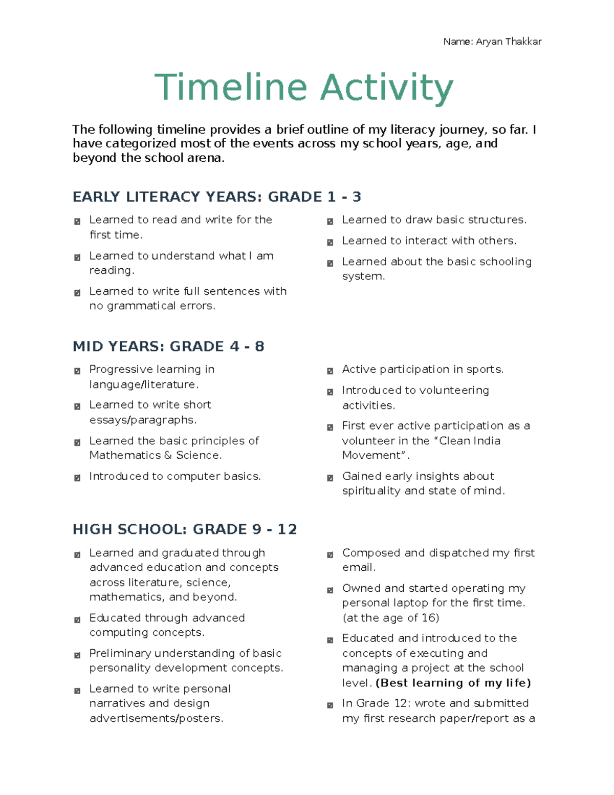 ENG 109 Timeline Activity - Name: Aryan Thakkar Timeline Activity The ...