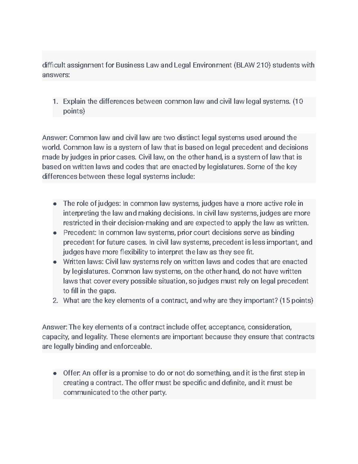Difficult assignment for Business Law and Legal Environment (BLAW 210 ...