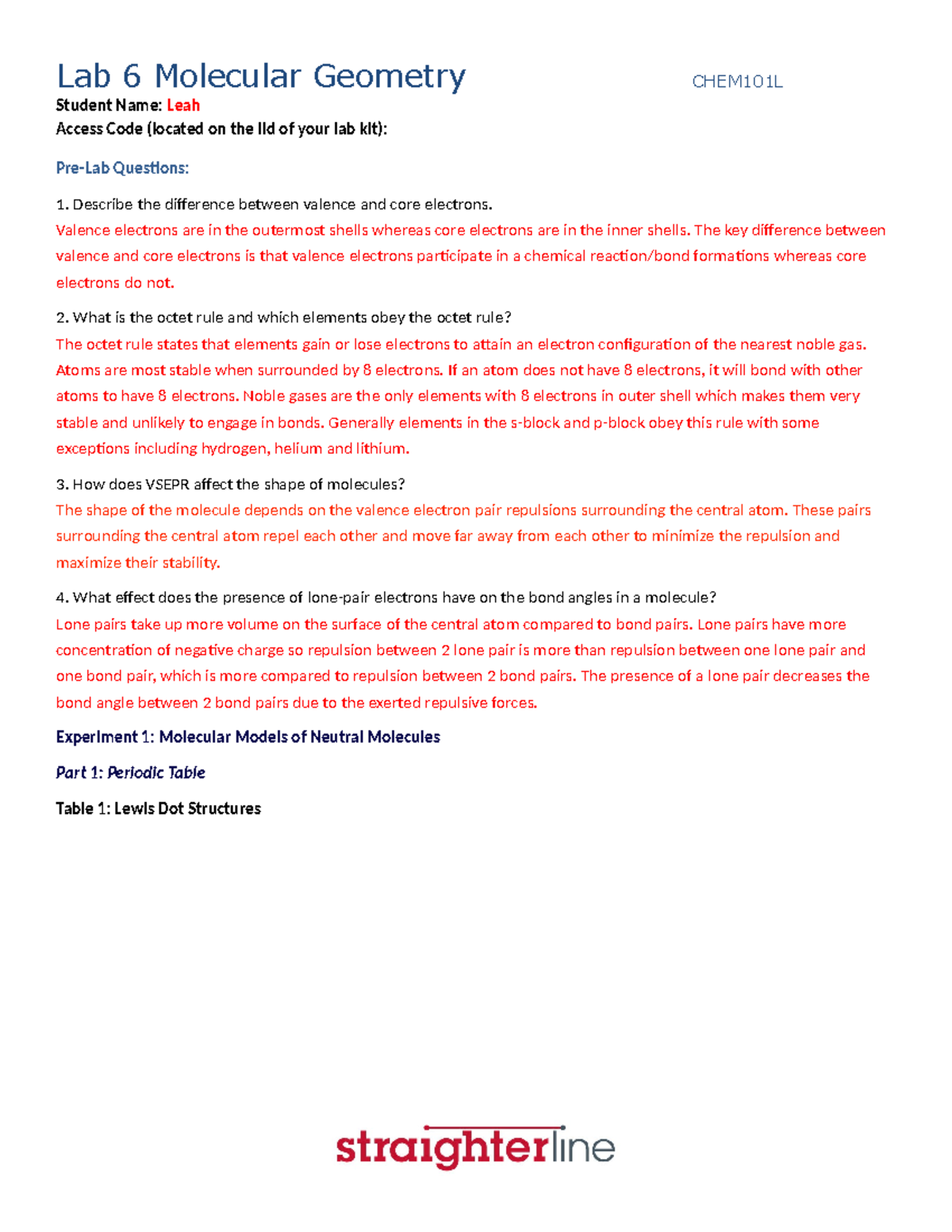 CHEM101L Lab 6 - lab - Student Name: Leah Access Code (located on the ...