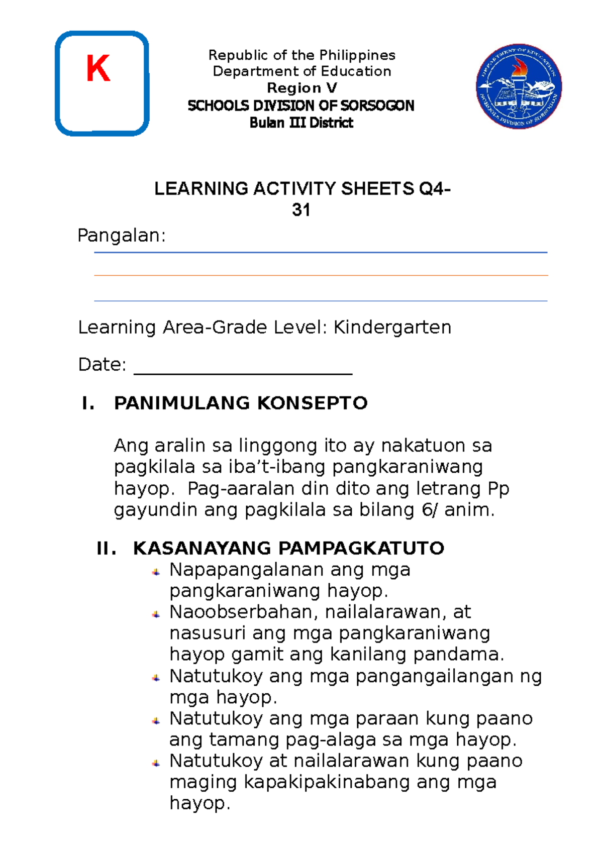 LAS-Q4-week1 - vd - Pangalan: Learning Area-Grade Level: Kindergarten Date ...