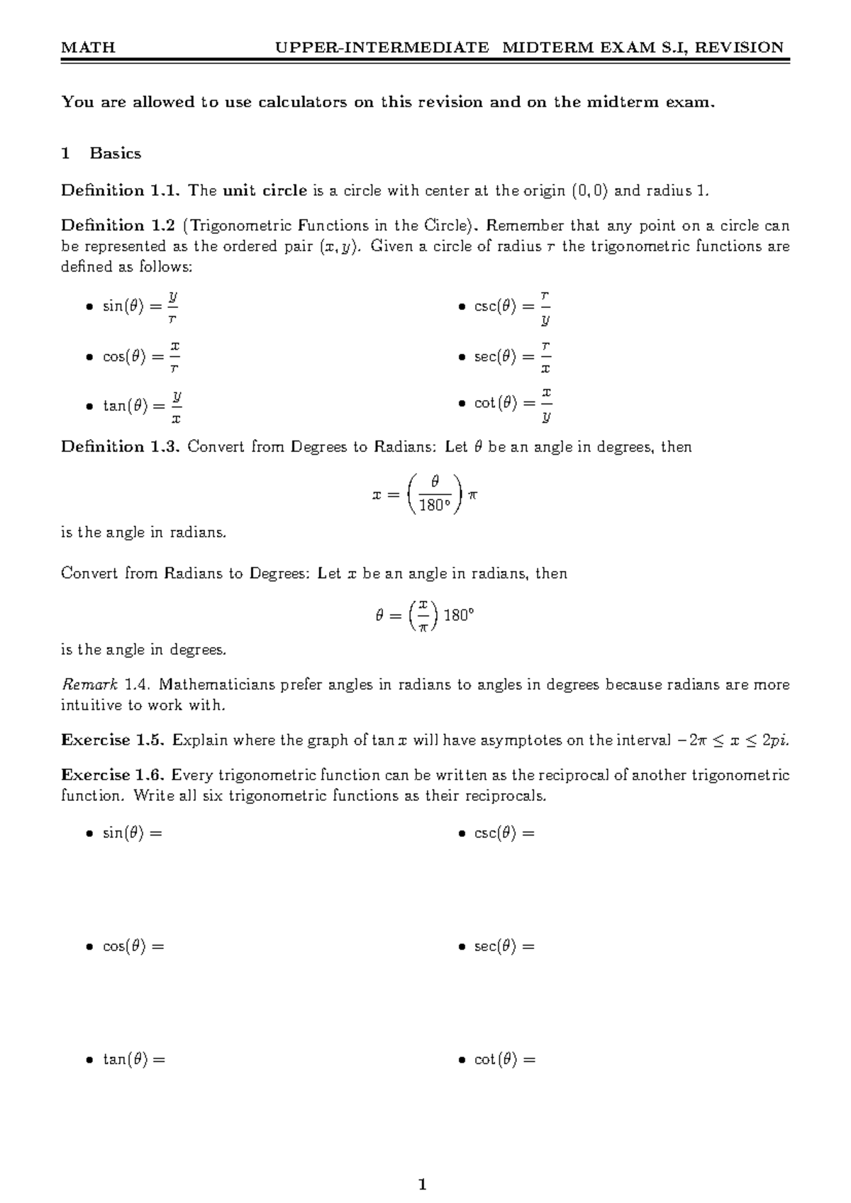 Upper Math First Midterm Revision - You are allowed to use calculators on this revision and on ...