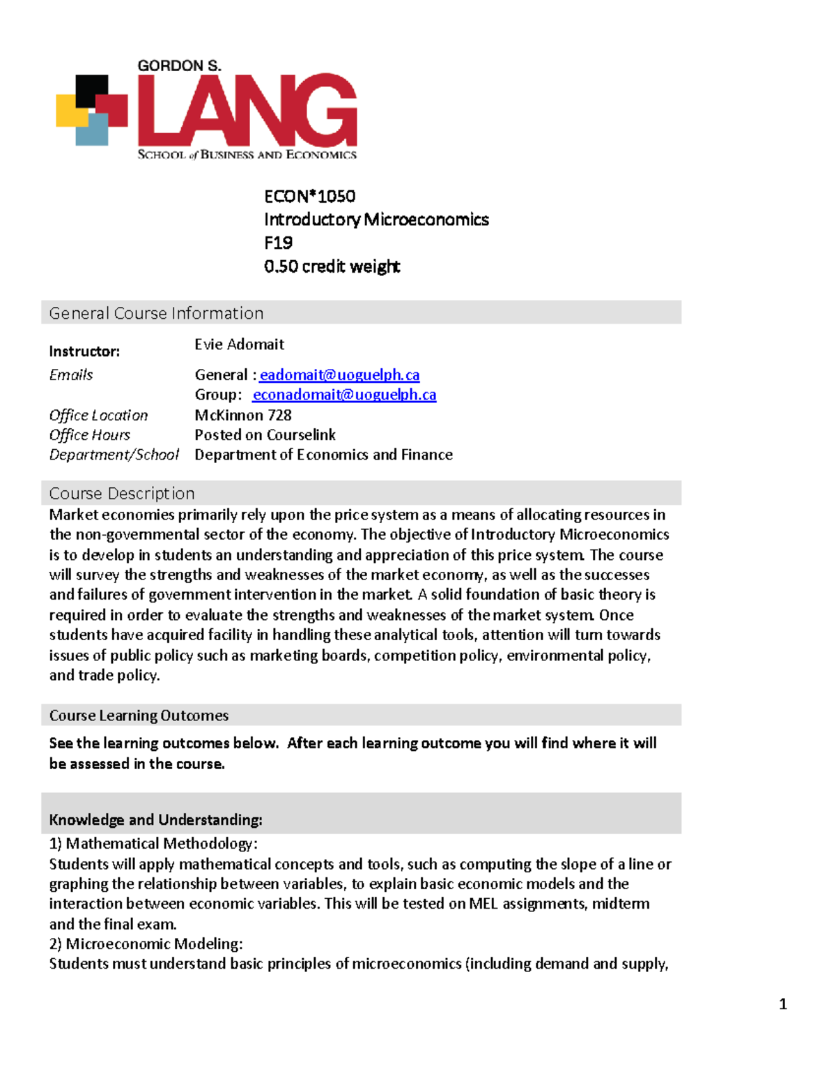 ECON1050 course outline - Warning: TT: undefined function: 32 ECON* 1050 Introductory ...