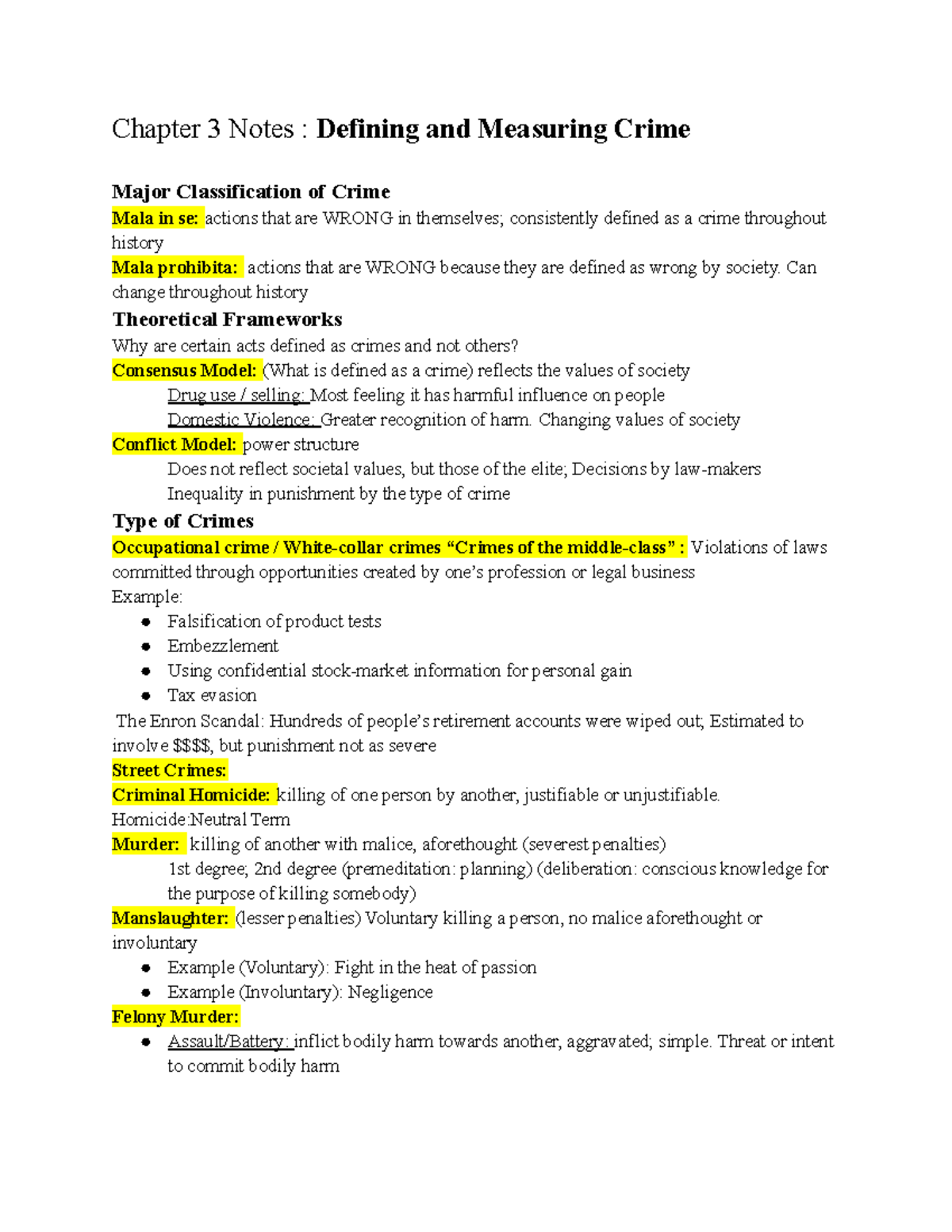 Chapter 3 Criminal Justice Notes - Chapter 3 Notes : Defining and ...