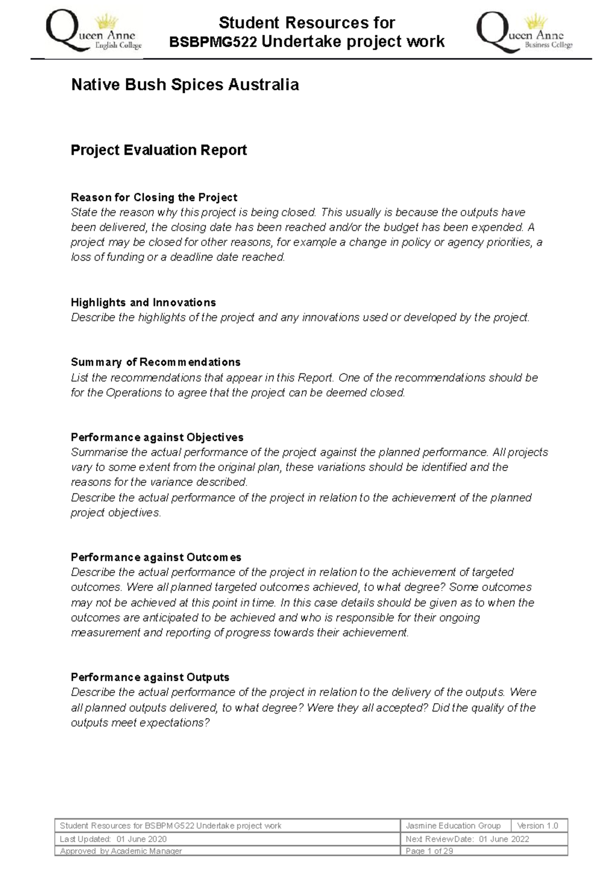 Project Evaluation Report Template V1 - Student Resources for BSBPMG522 ...