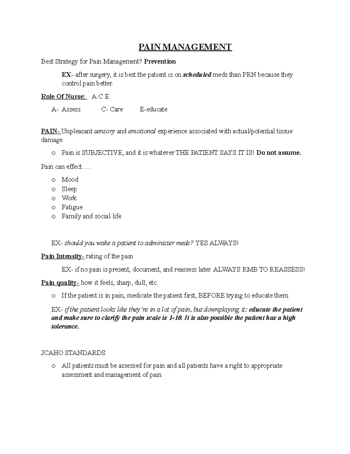 Medsurg 1- Pain - n/a - PAIN MANAGEMENT Best Strategy for Pain ...