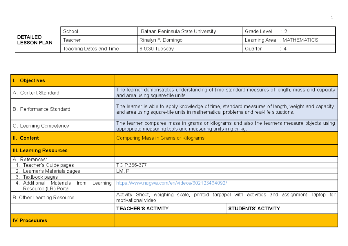 DLP- MATH - PANG TEMPLATES LANG PO - DETAILED LESSON PLAN School Bataan ...
