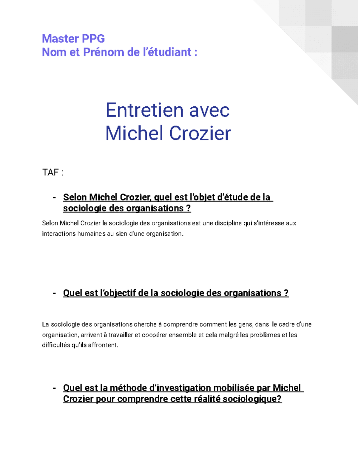 EVA Dossier “Entretien avec Michel Crozier” - Master PPG Nom et Prénom ...