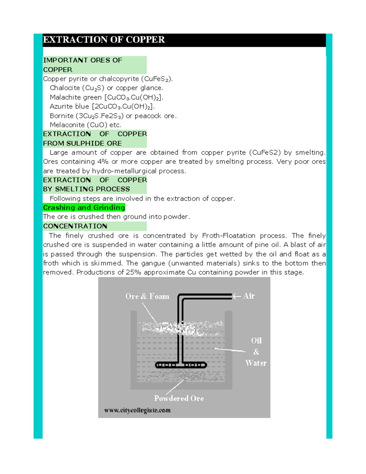 Extractivemetallurgy 1 - EXTRACTION OF COPPER IMPORTANT ORES OF COPPER ...
