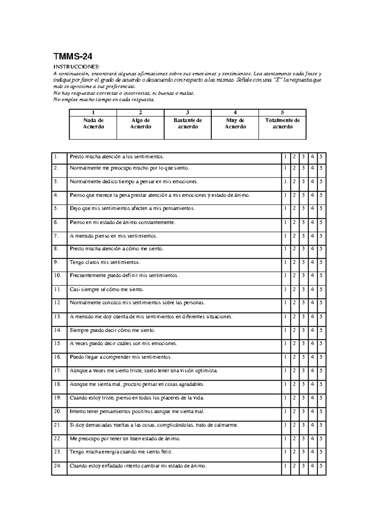 Instrumento Psicológico (TMMS-24) - TMMS- INSTRUCCIONES: A continuación, encontrará algunas ...
