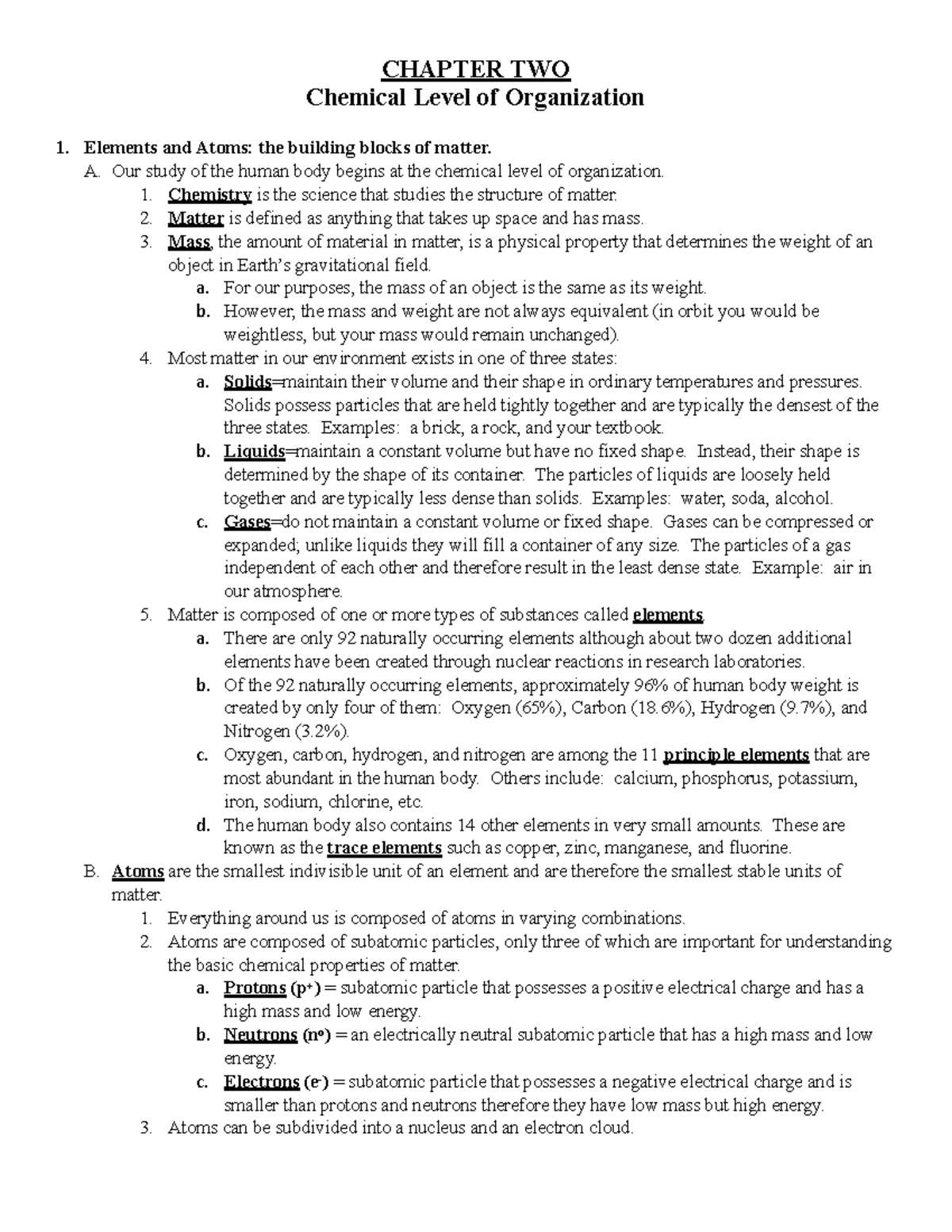 Chapter 2 Outline chemical levels of organization - CHAPTER TWO ...