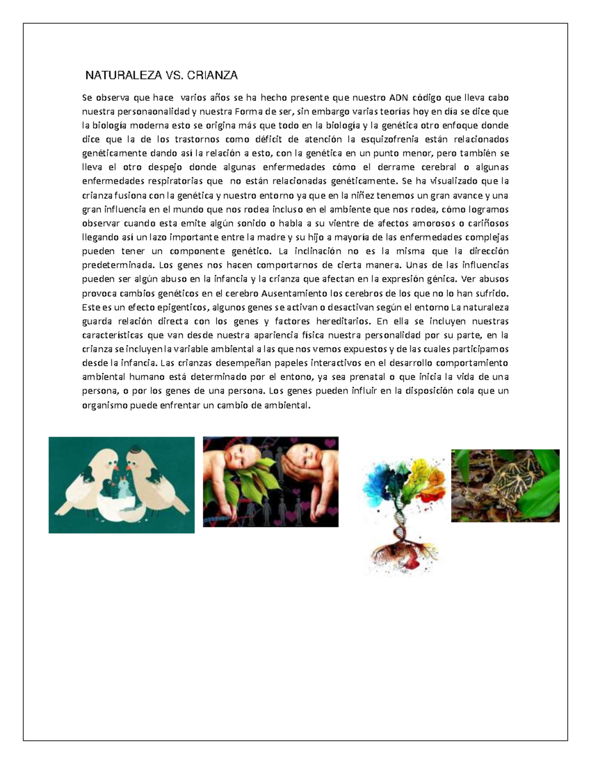Naturaleza VS Crianza - actividad - NATURALEZA VS. CRIANZA Se observa ...