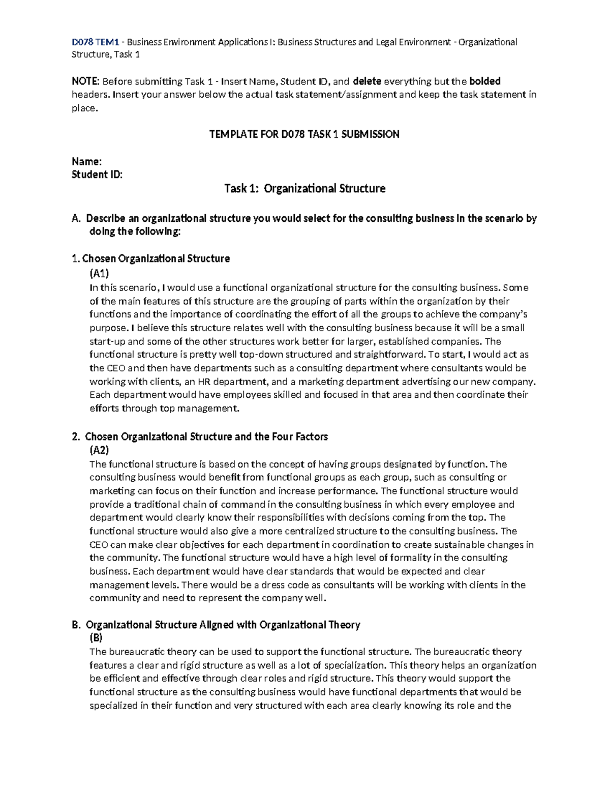 D078 Task 1 - Pass - D078 TEM1 - Business Environment Applications I ...