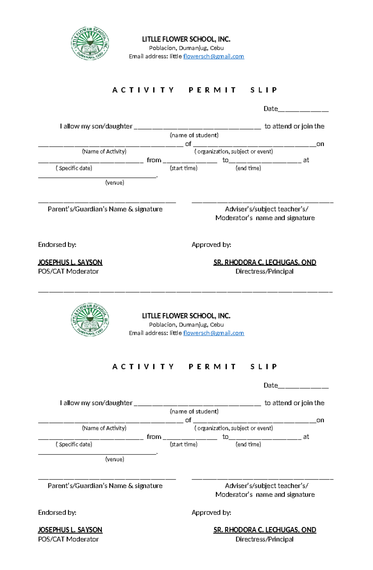 Activity permit slip - NONE - LITLLE FLOWER SCHOOL, INC. Poblacion ...